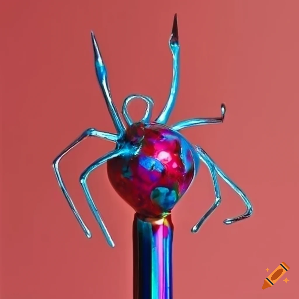 Colored pencil drawing of a pomegranate glass metal spider on Craiyon