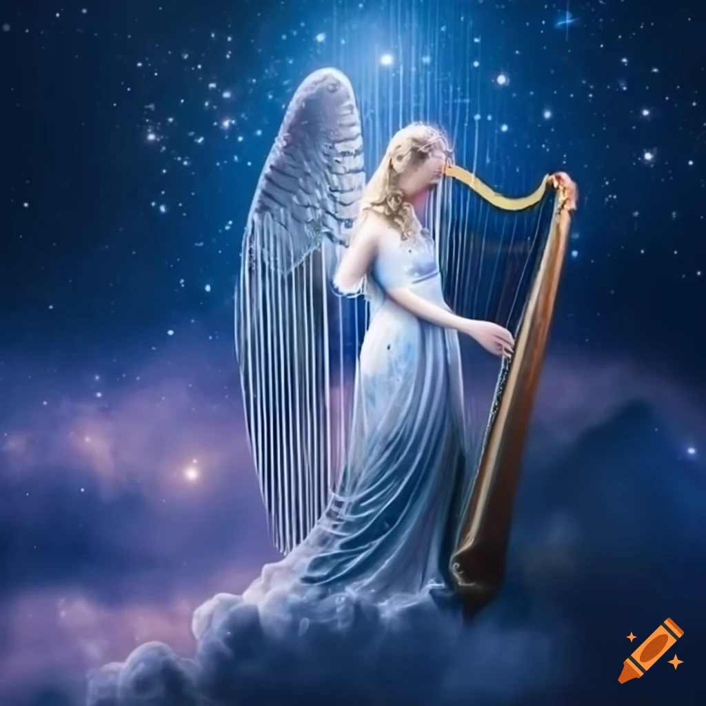 Angel playing harp among clouds under starry sky with music notes on ...