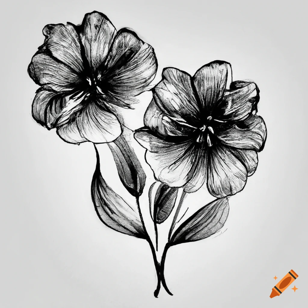 Black and white ink drawing of flowers on Craiyon
