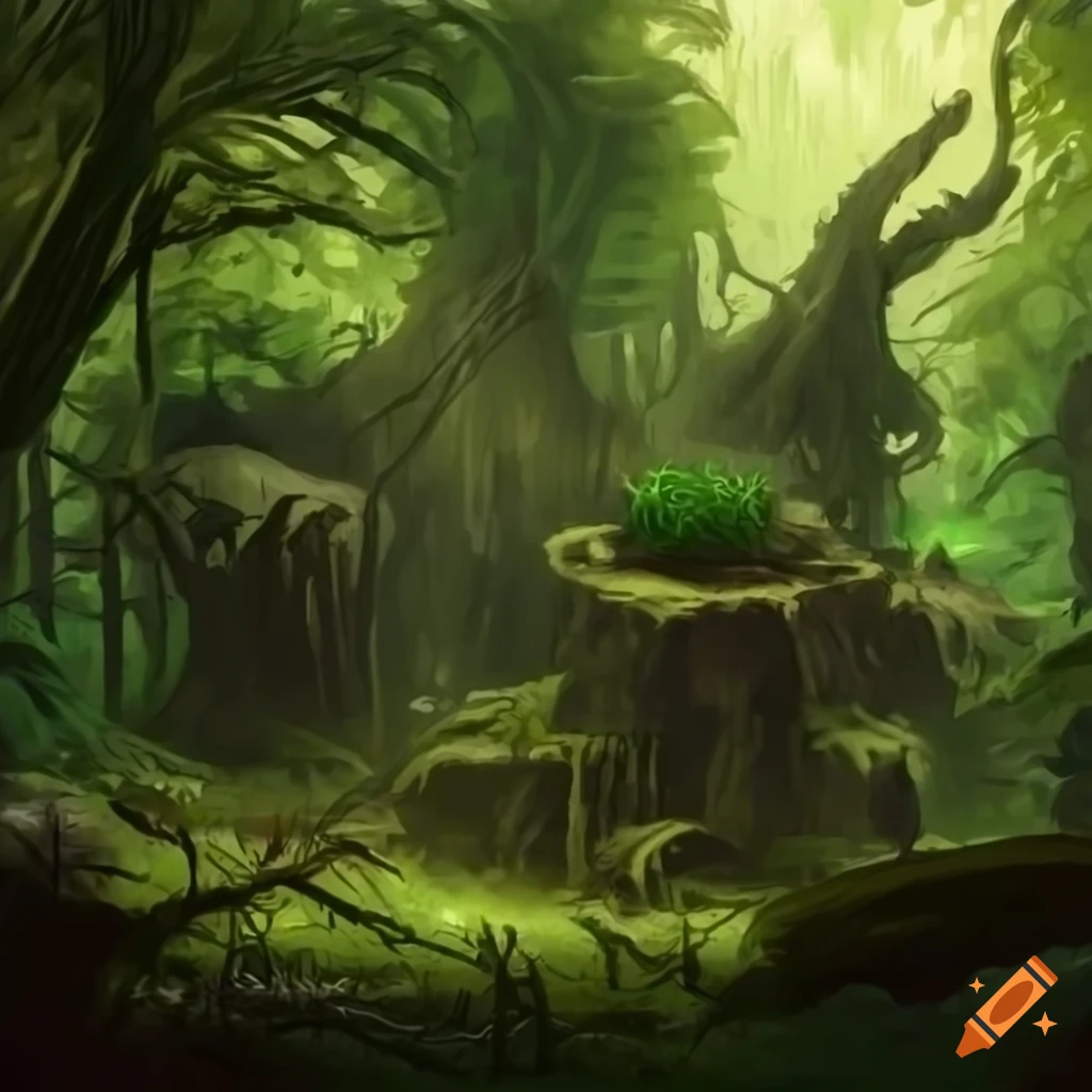 Lush jungle in a d&d fantasy setting with wild mutated plant life on ...