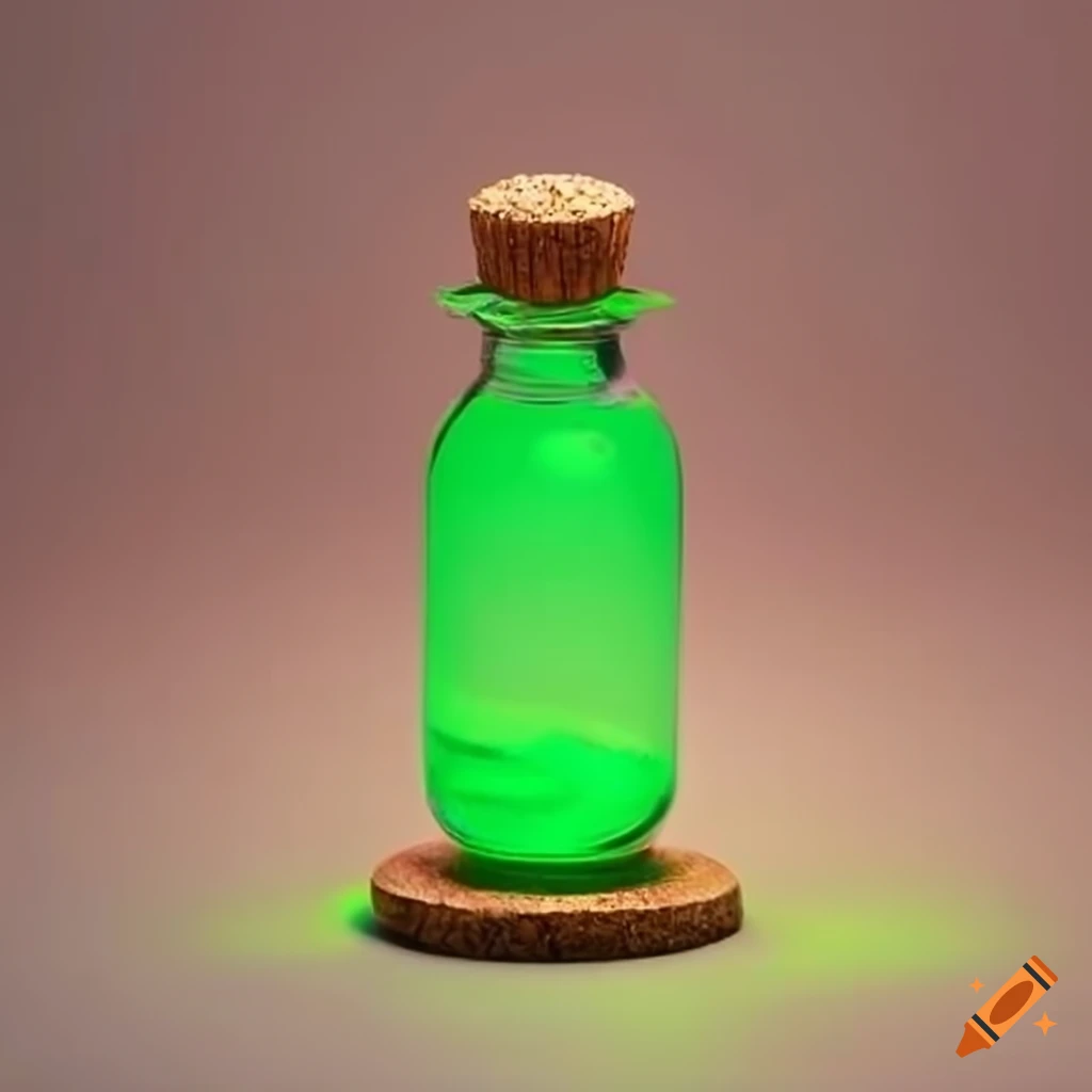 Glowing green liquid in a round vial with cork on a wooden stand on Craiyon