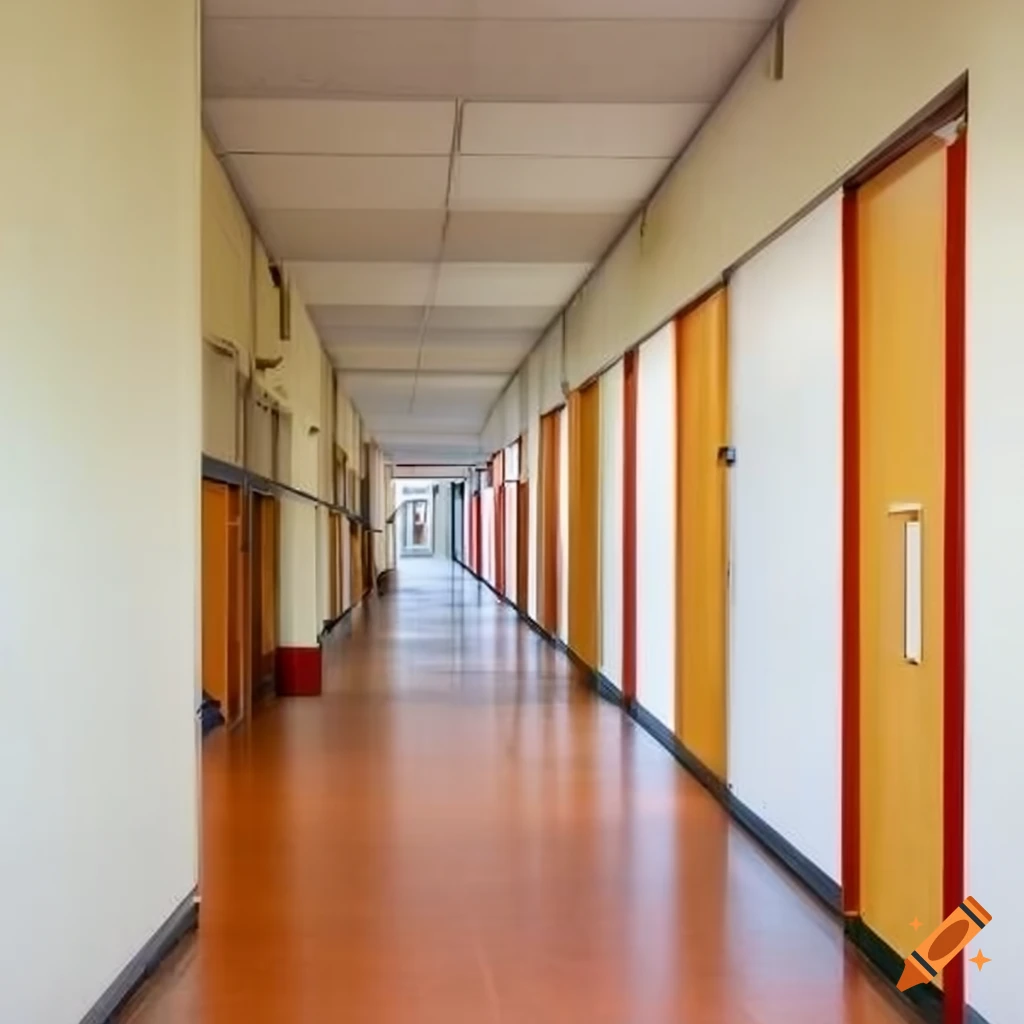 School corridor with classrooms and a hall on Craiyon