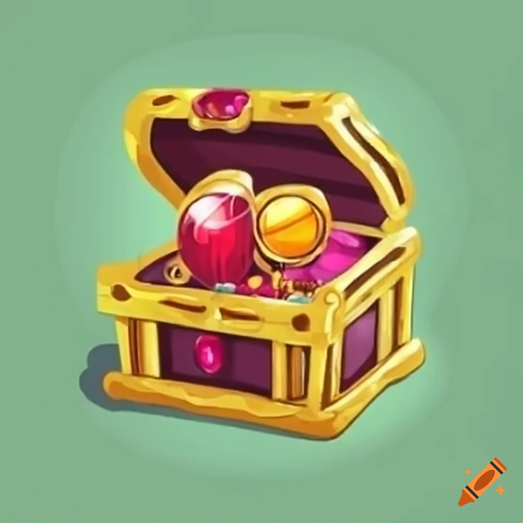 Cartoon treasure chest with gold and ruby jewelry spilling out on Craiyon