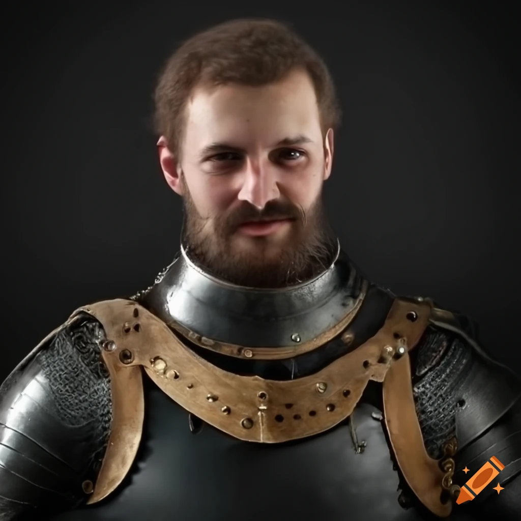 Smiling young man in full plate armor with a black mustache in a ...