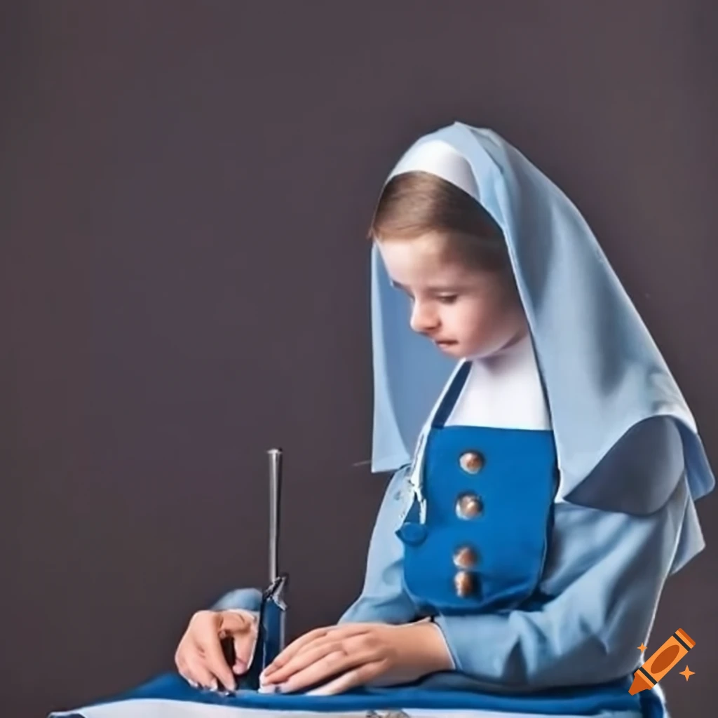 Young postulant nun sewing in a blue buttoned apron habit on Craiyon