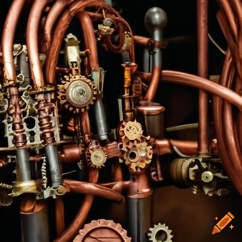 Steampunk machine with copper pipes, cables, and cogwheels on Craiyon