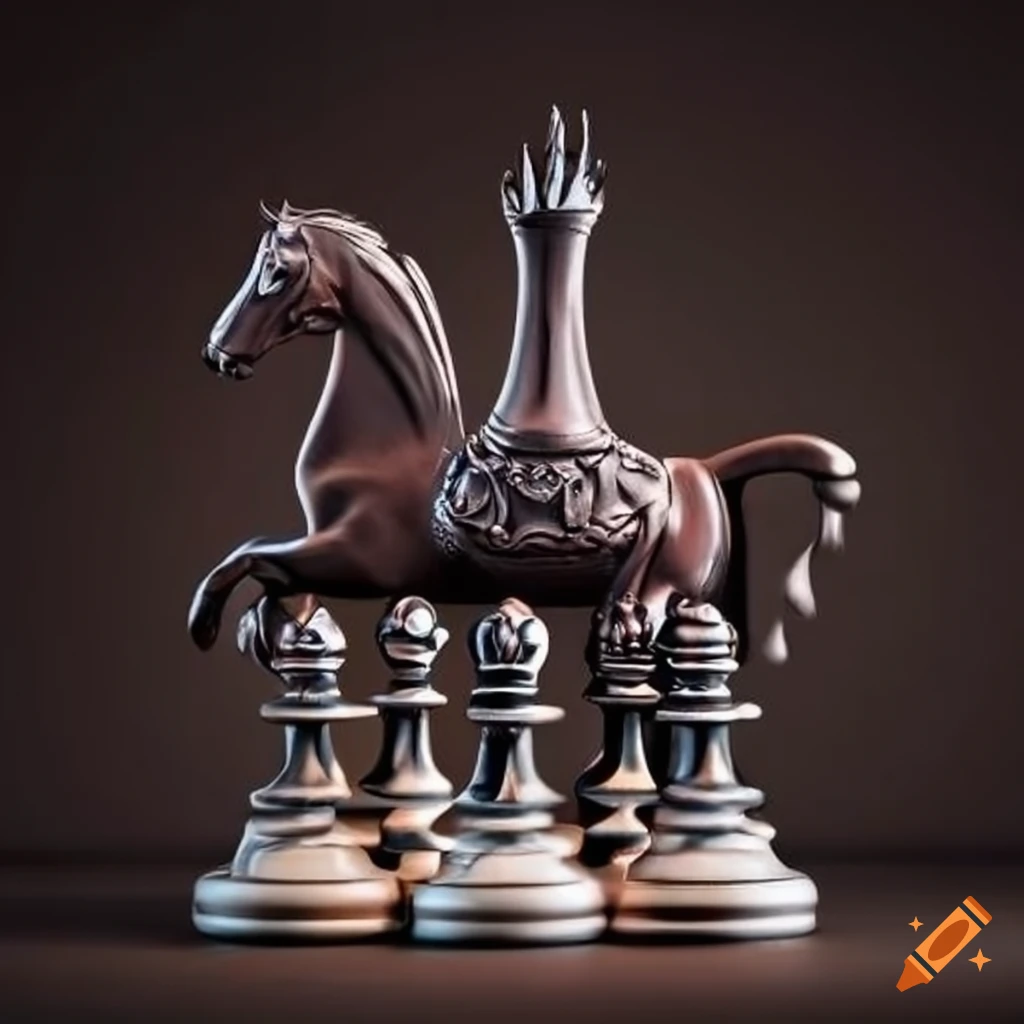 Intricately designed horse chess piece in high-contrast setting on Craiyon
