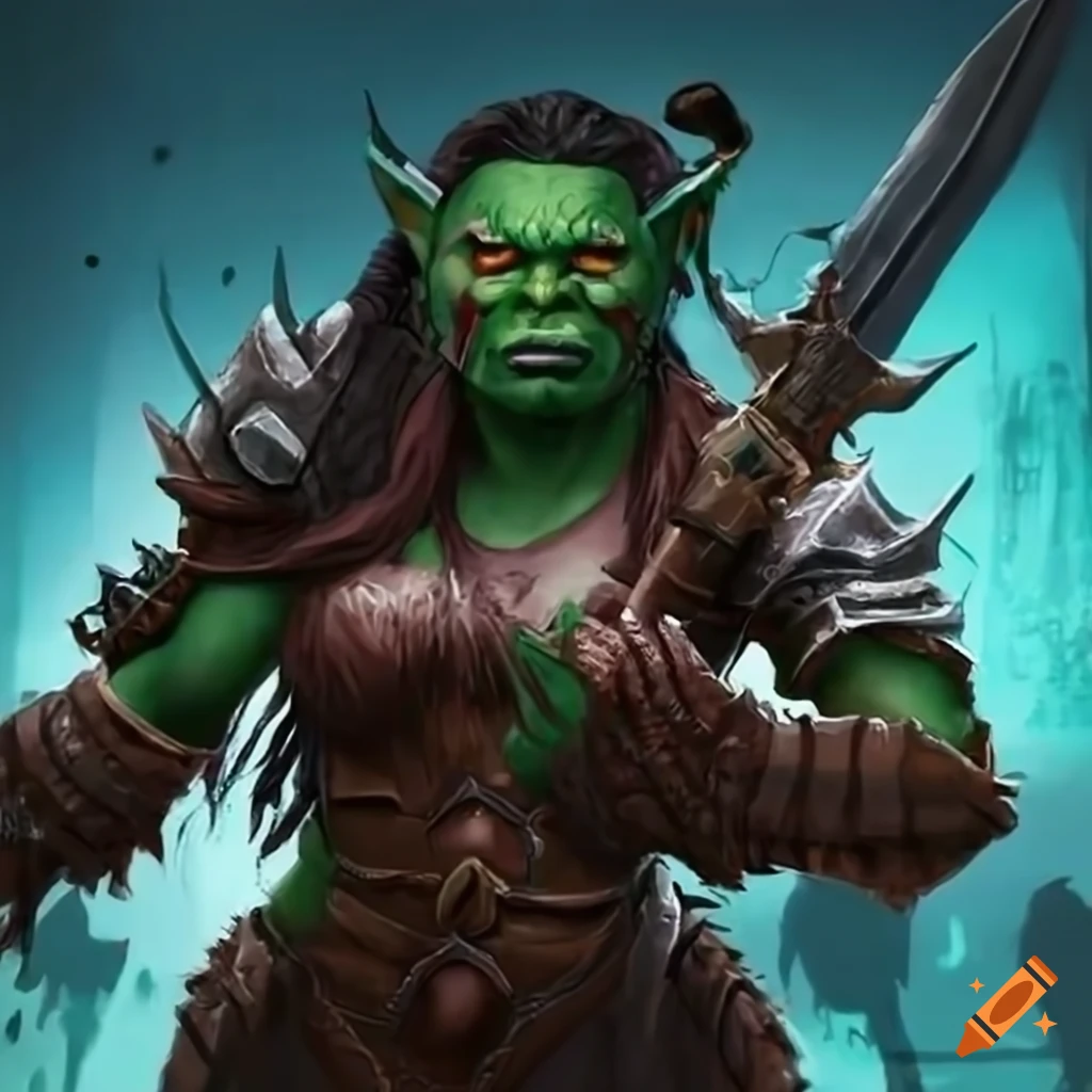 Powerful orc warrior woman with a gleaming two-handed sword in an epic ...