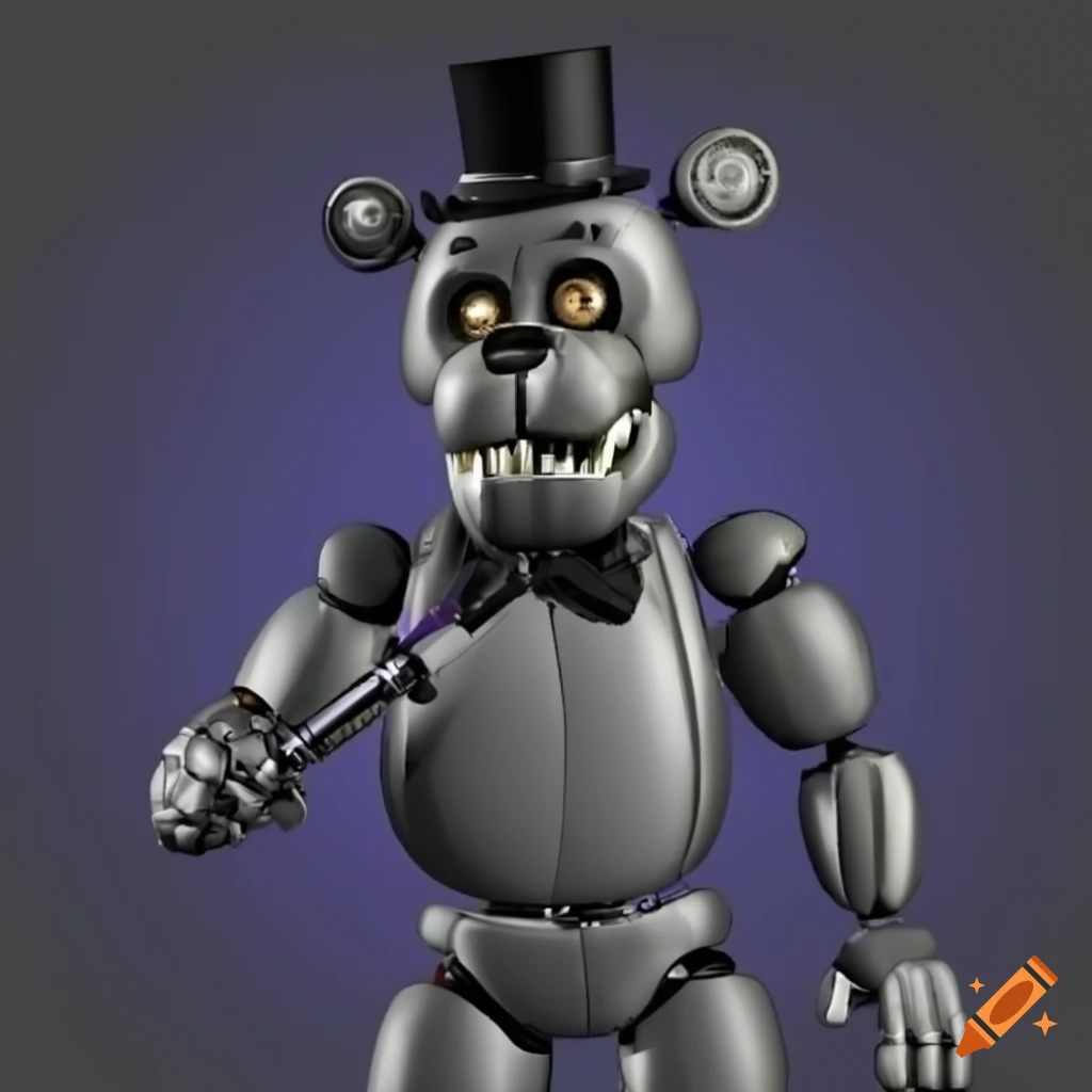 Silver animatronic bear with microphone and top hat from FNAF on Craiyon