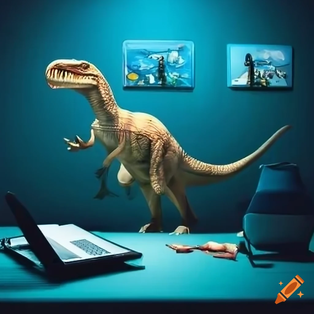 Marketing office for a dinosaur theme park with staff at desks and ...
