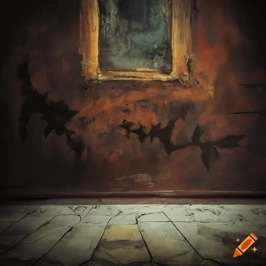 Close-up painting of a wall and floor in a spooky old house on Craiyon