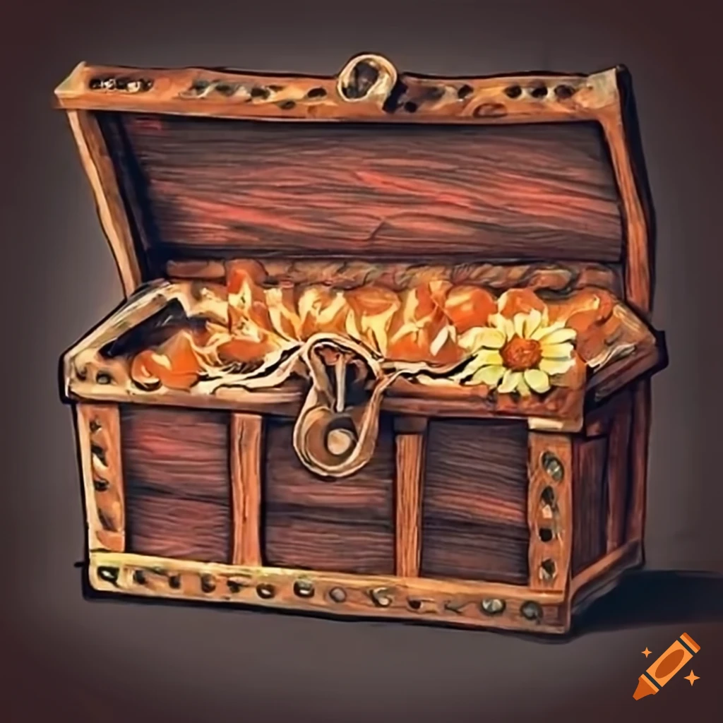 Wooden treasure chest filled with autumn orange flowers on Craiyon