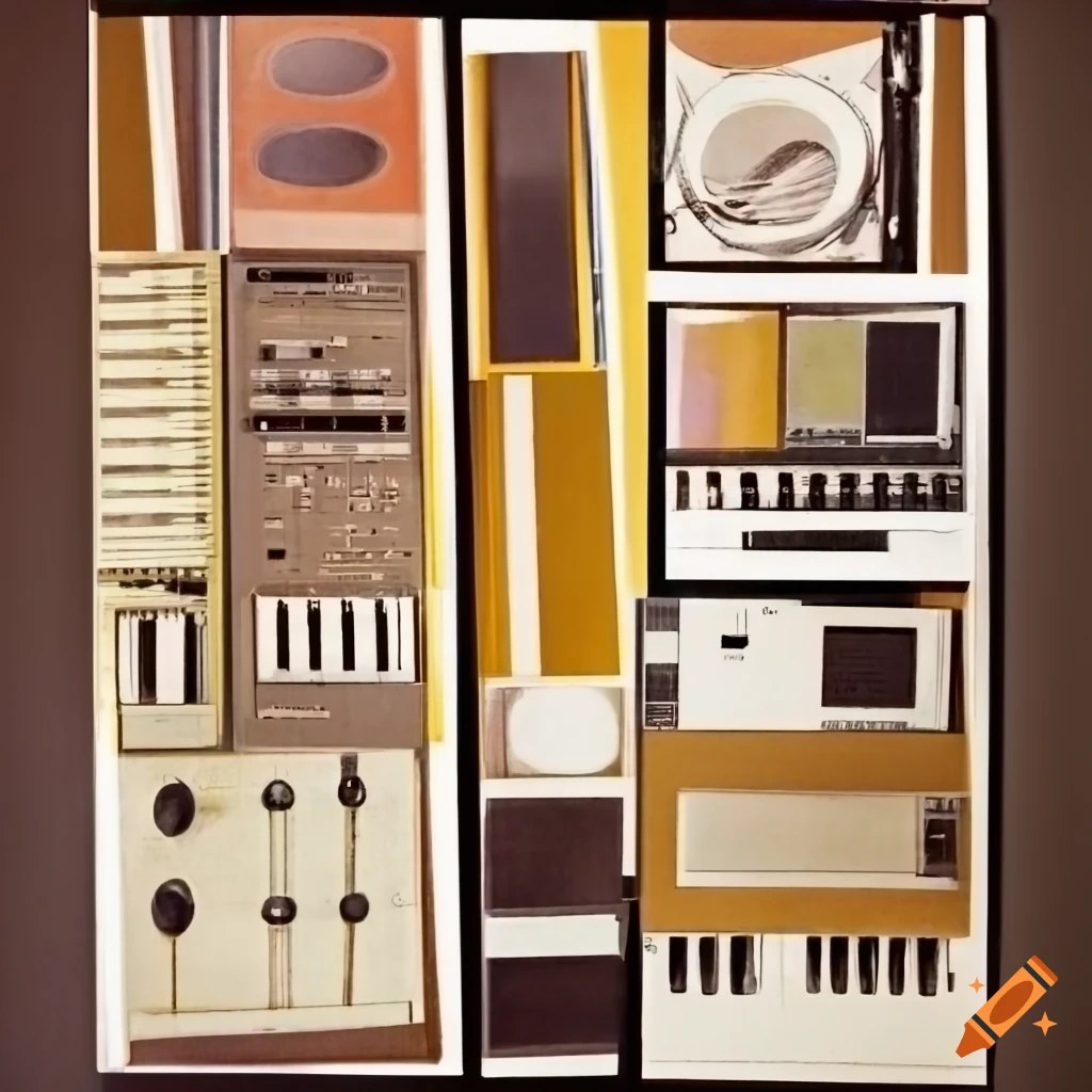 1960s collage of abstract shapes and vintage electronic music equipment ...