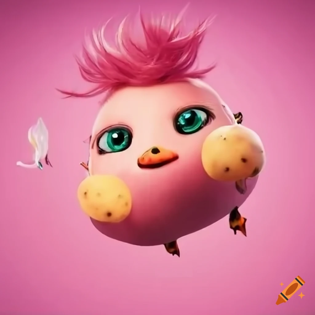 Whimsical pink-haired potato flying with ducks chasing on Craiyon