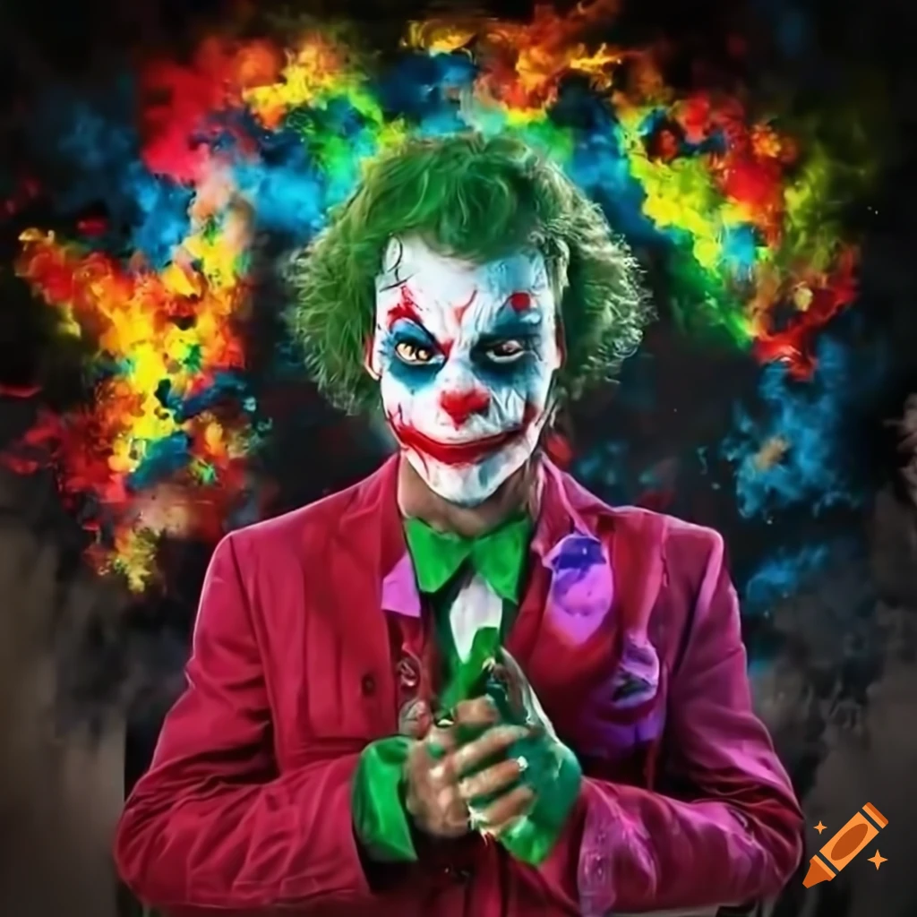 Man as the Joker on a mechanical bull with colorful explosion backdrop ...