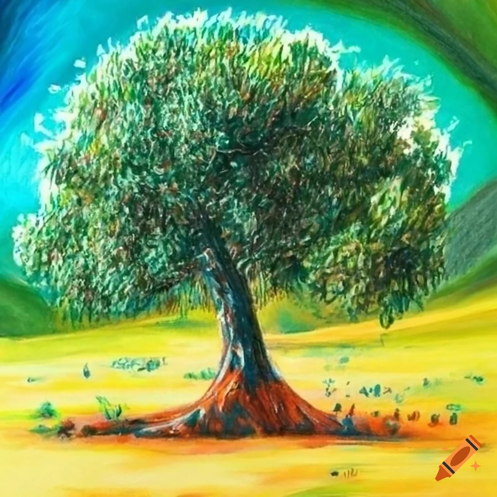 Colorful olive trees and hills with a windy leaf in a colored pencil ...