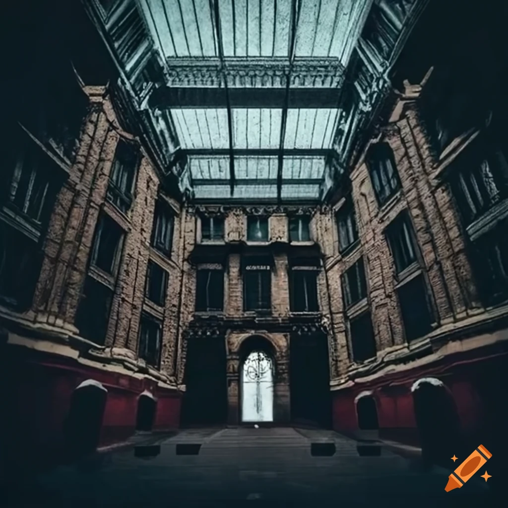 Horror movie poster featuring an ominous library building on Craiyon