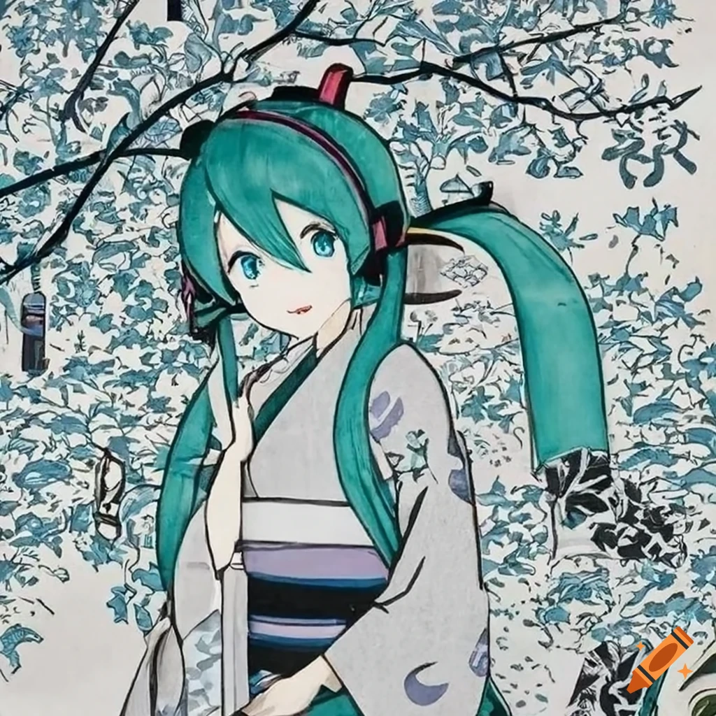 Ukiyo-e portrait of Hatsune Miku in a summery yukata on Craiyon