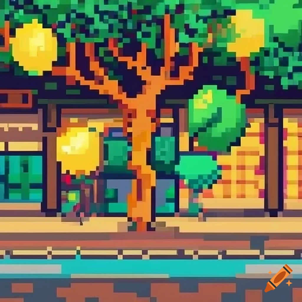 Pixel art nes inspired street crowd with lemon tree on patio on Craiyon