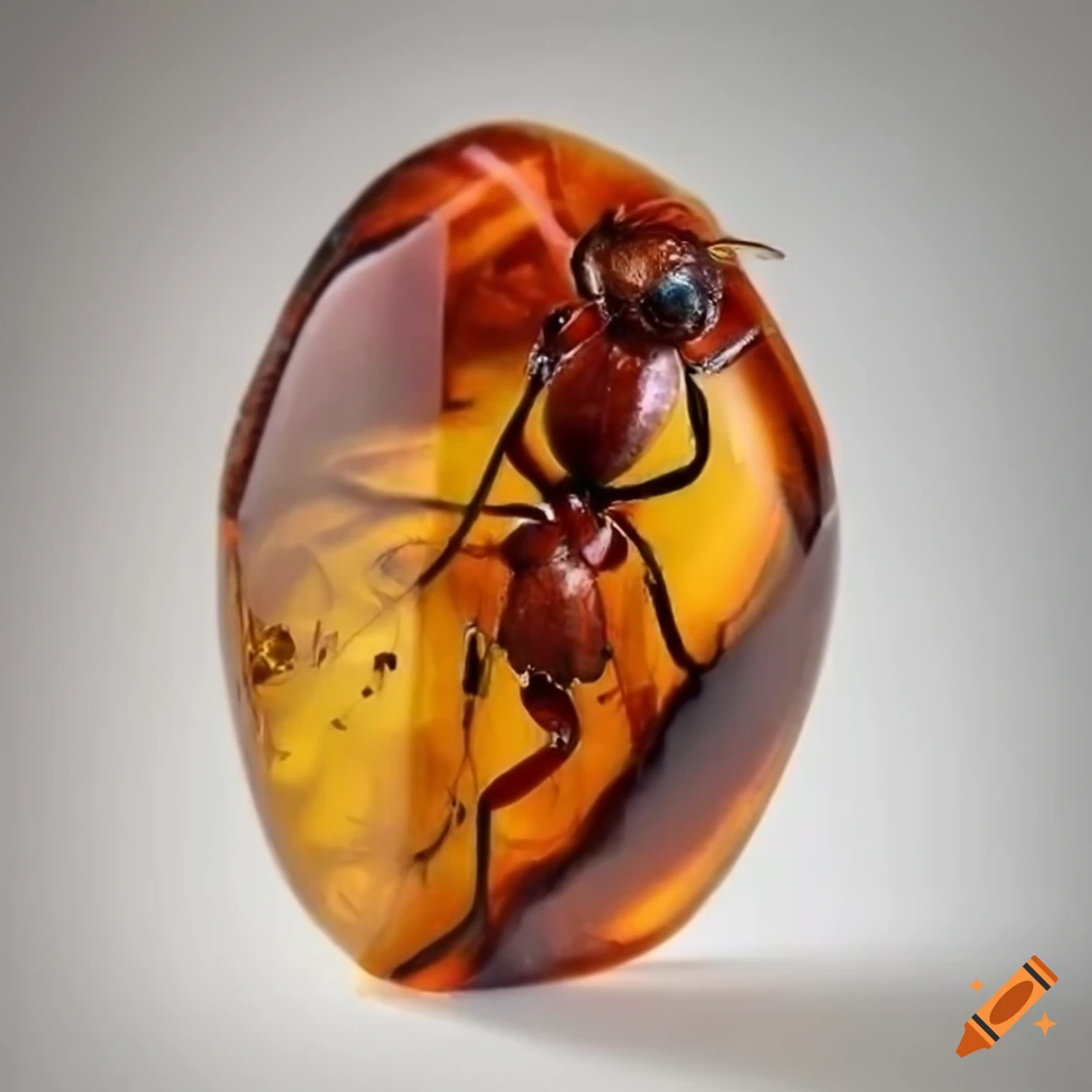 Amber gems, insects, and petrified wood depicted in four colors with ...