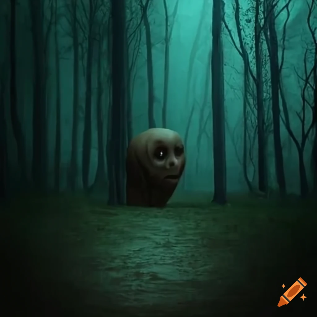 Human-shaped blob in a spooky dark forest on Craiyon