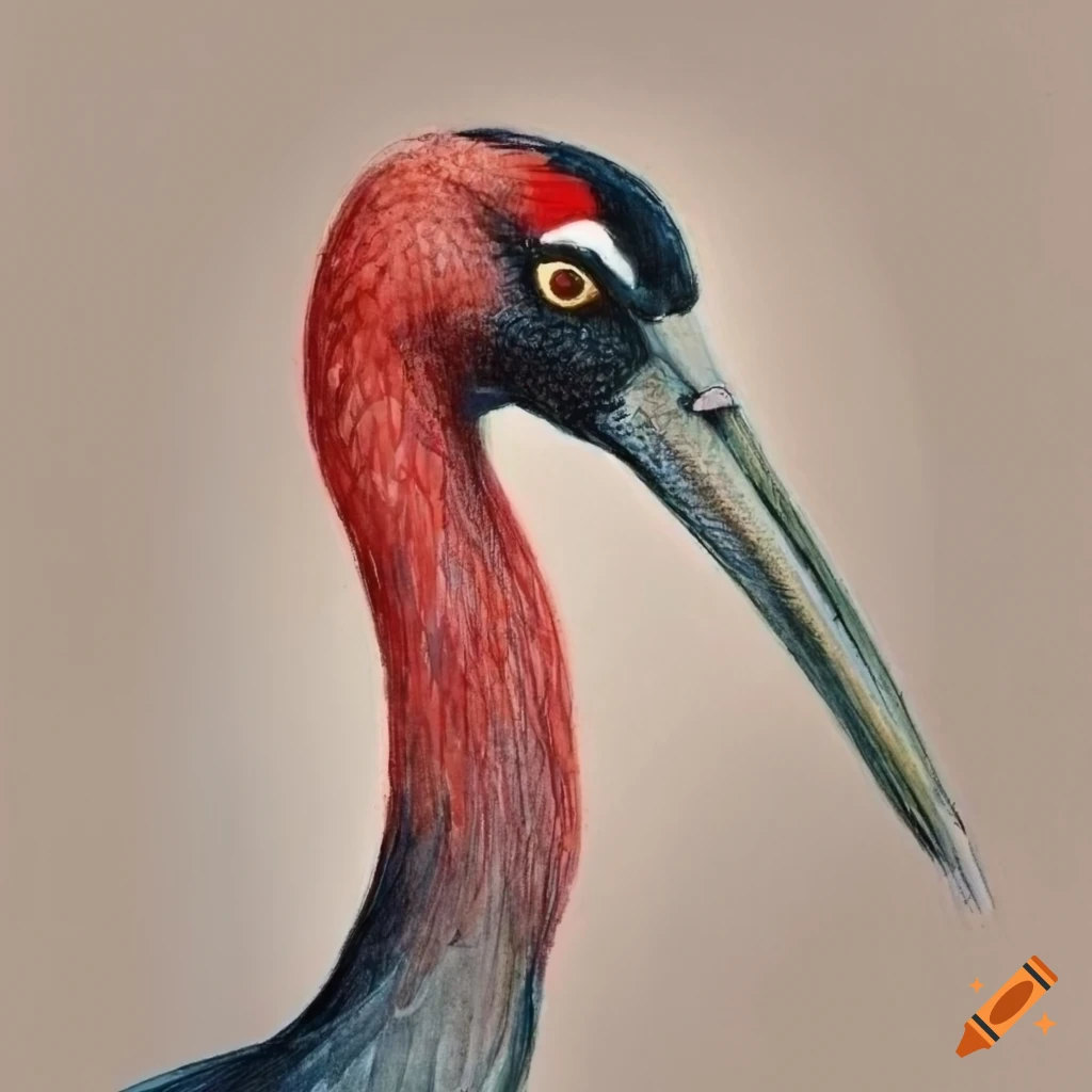 Colored Pencil drawing of a Red-crowned Crane in Asian style on Craiyon