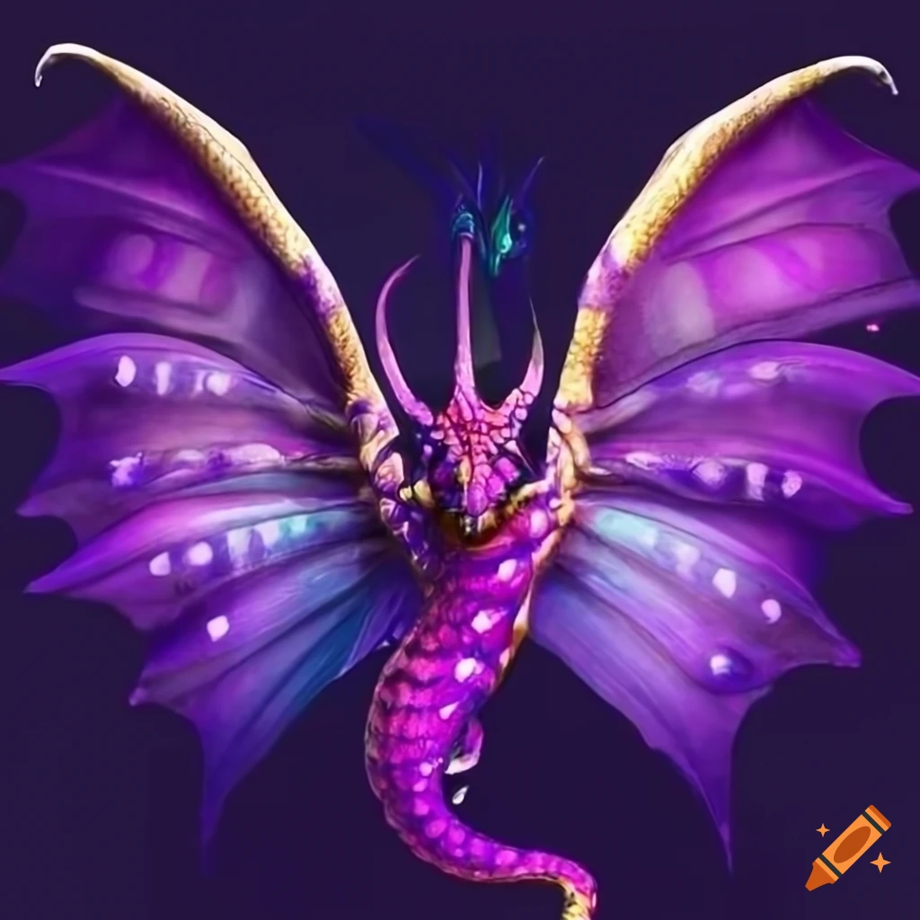 Friendly purple dragon with butterfly wings, lizard scales, and bull ...