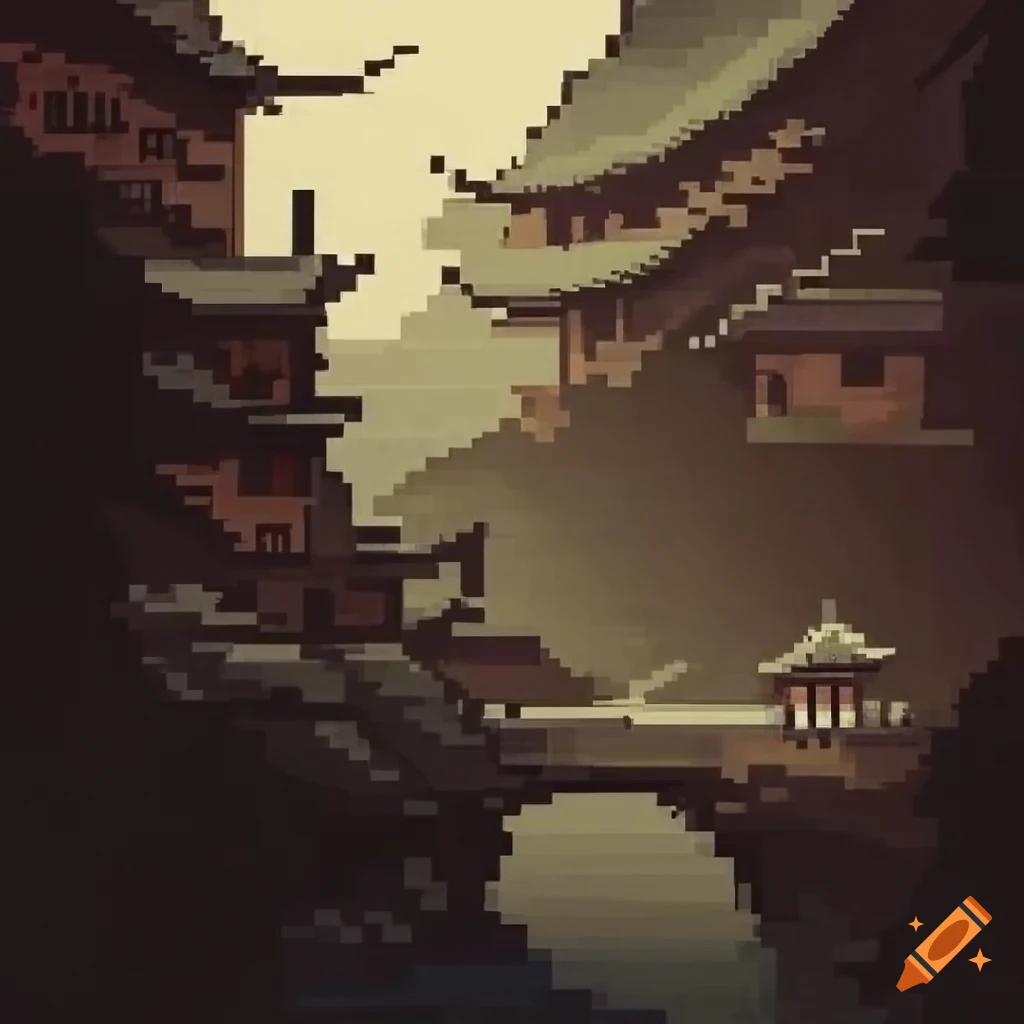 Pixel art with dithering presenting a traditional chinese ink painting ...