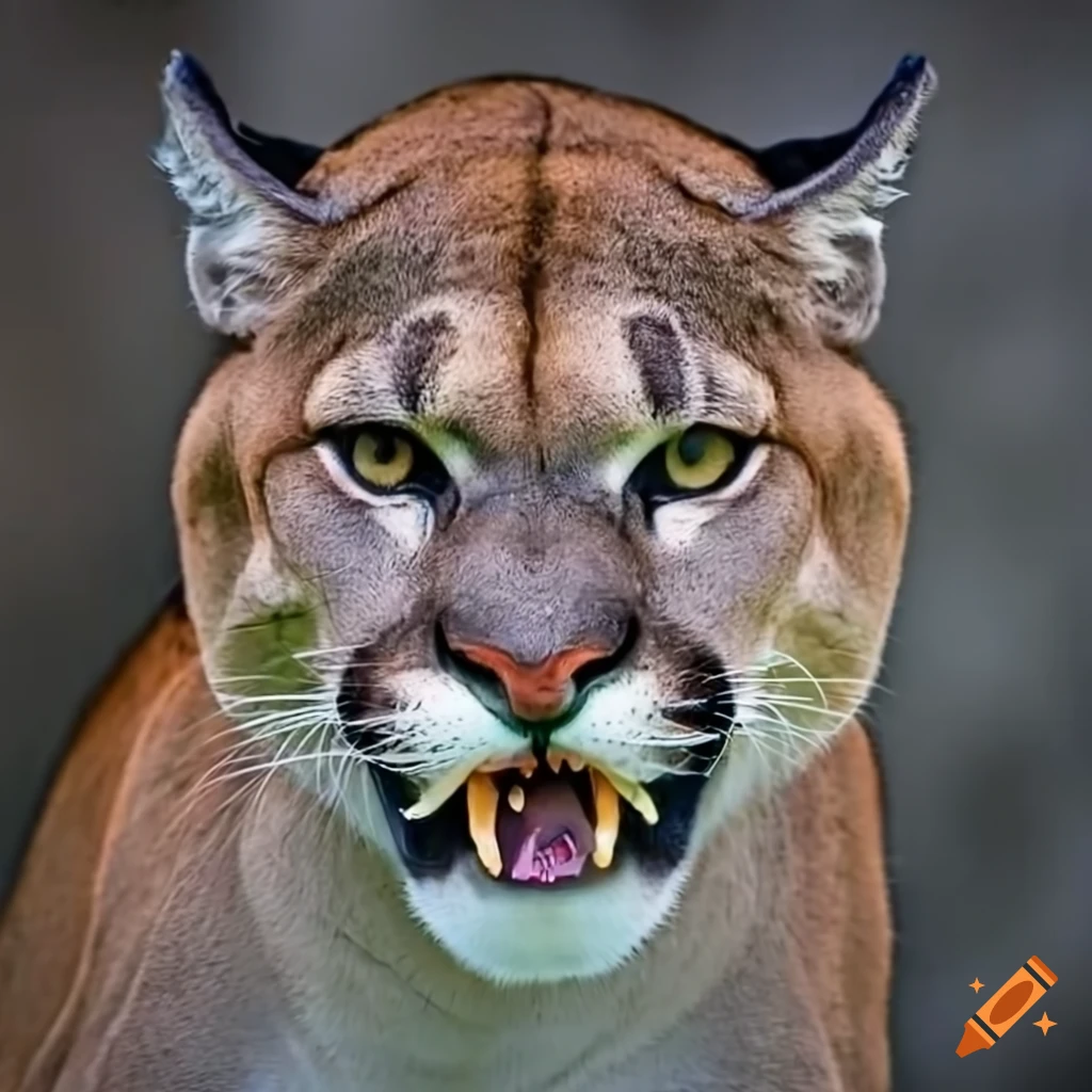 Scary gray mountain lion showing teeth at the camera on Craiyon