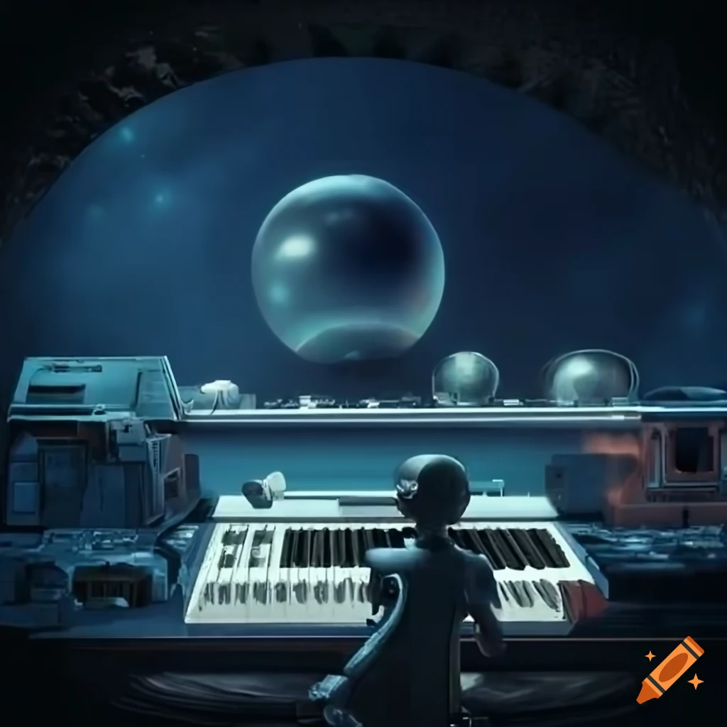 Detailed sci-fi image of a spaceship with robot and synthesizer ...