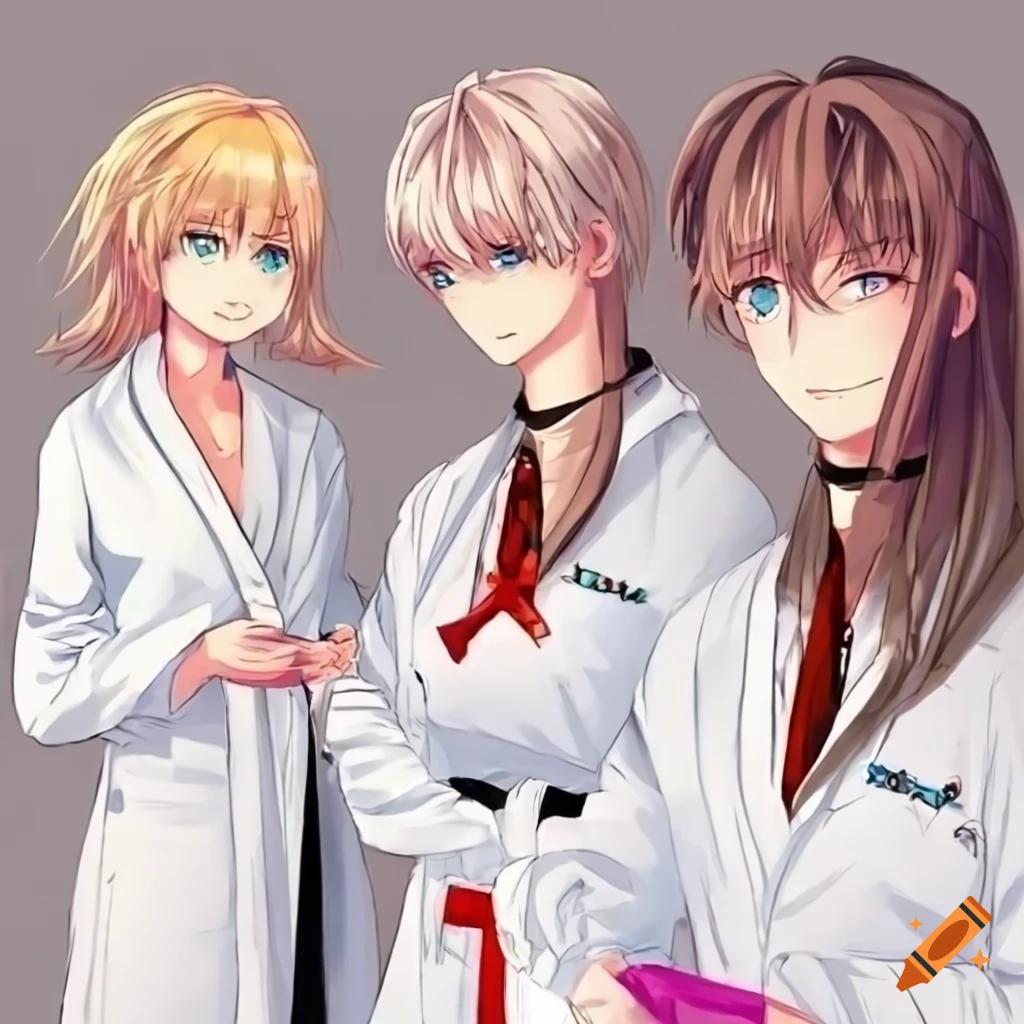 Group of adult scientists in white robes in cute manga style on Craiyon