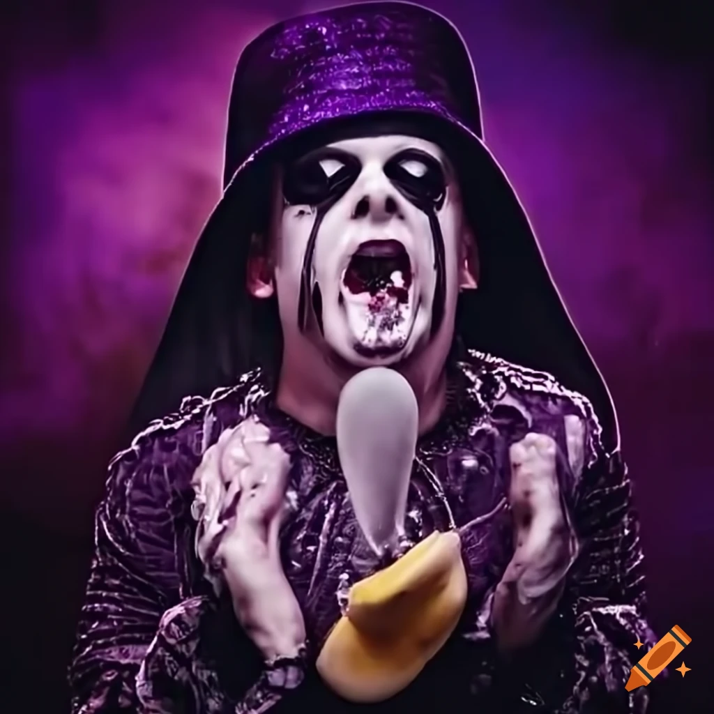 Band dimmu borgir enjoying jello and bananas in purple hats on Craiyon