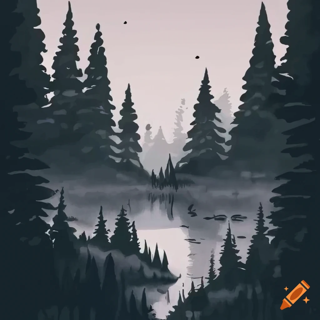 Simple ink line drawing of a summer boreal forest scene on Craiyon