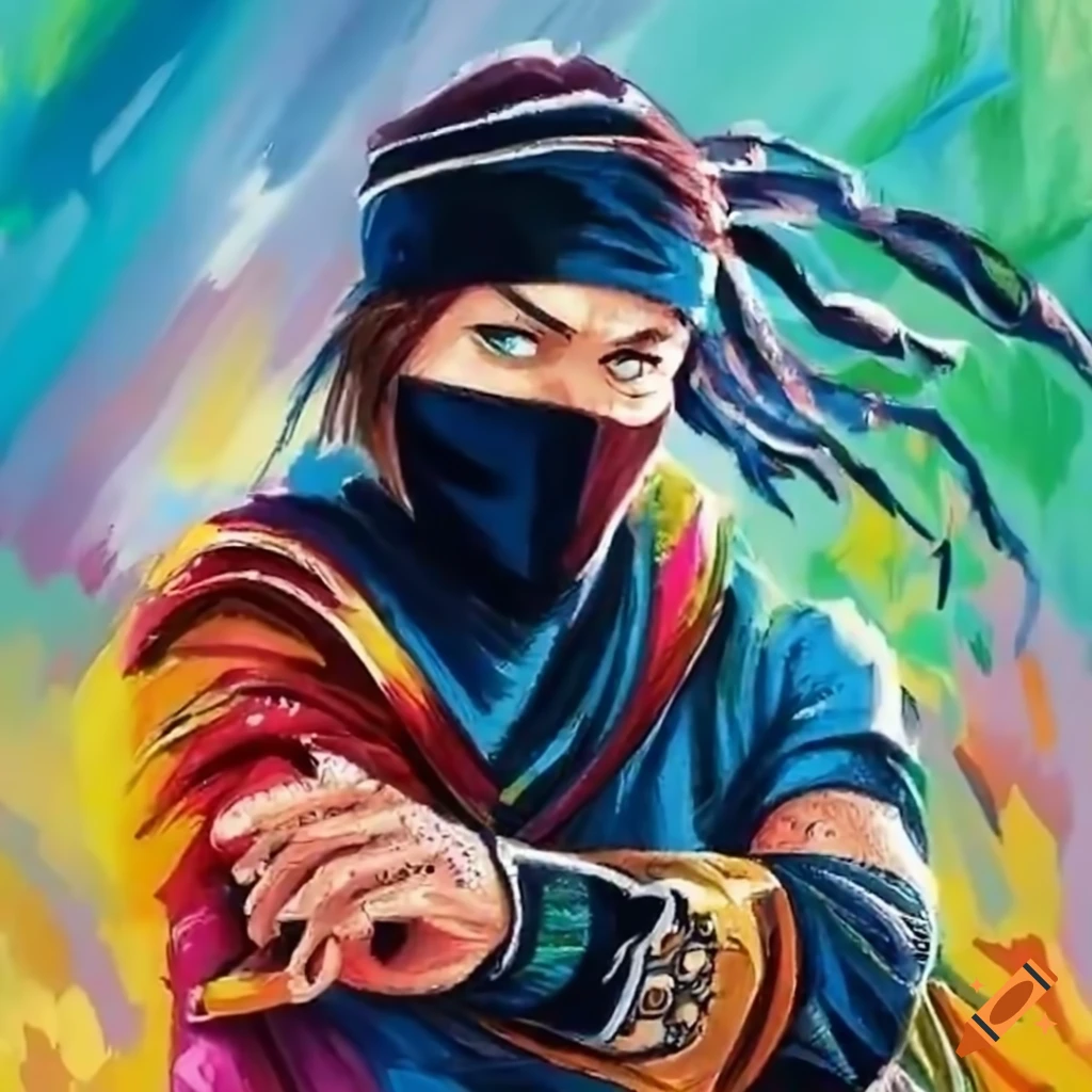 Colorful colored pencil illustration of a ninja in a vibrant setting on ...