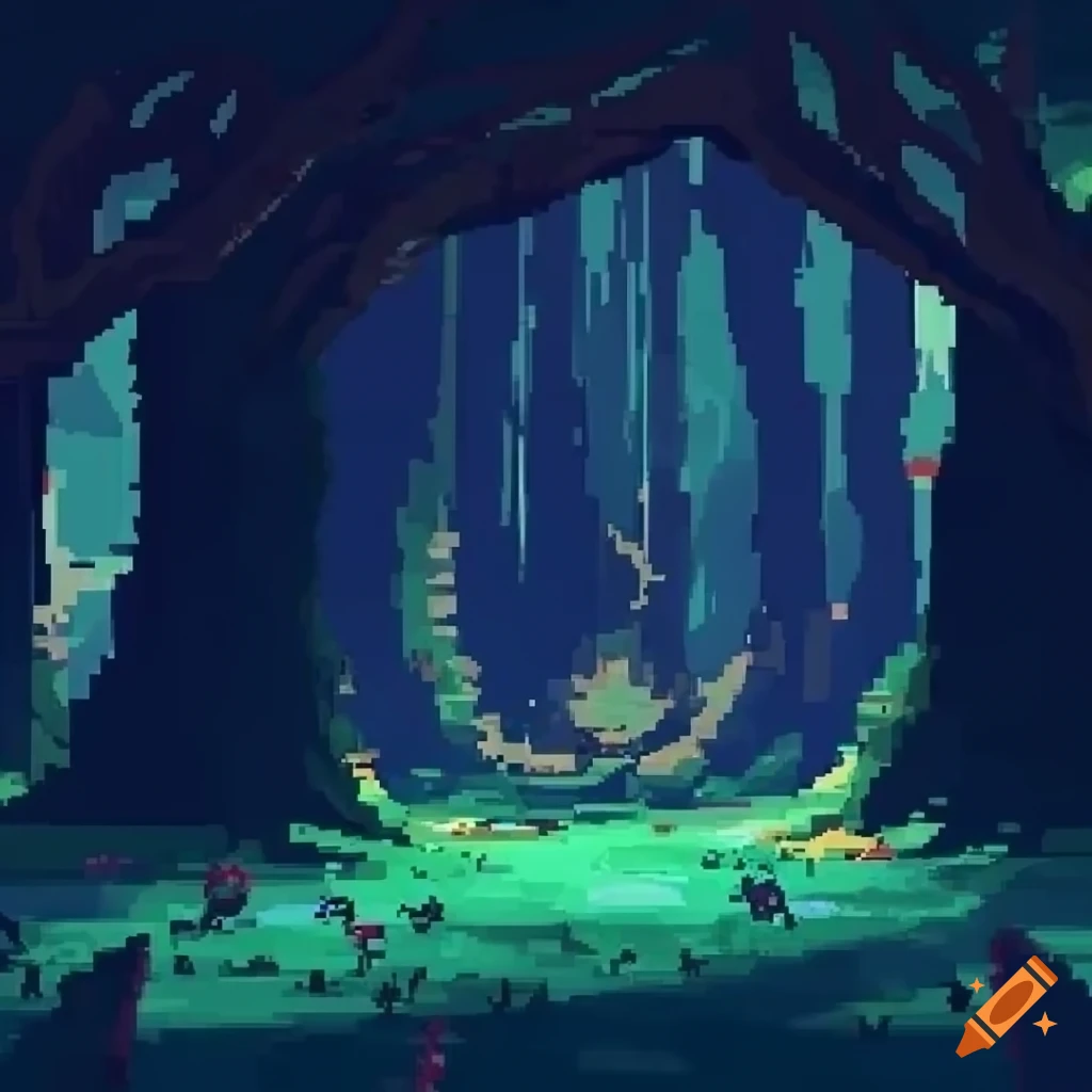 Mysterious forest in pixel art for a metroidvania game concept on Craiyon