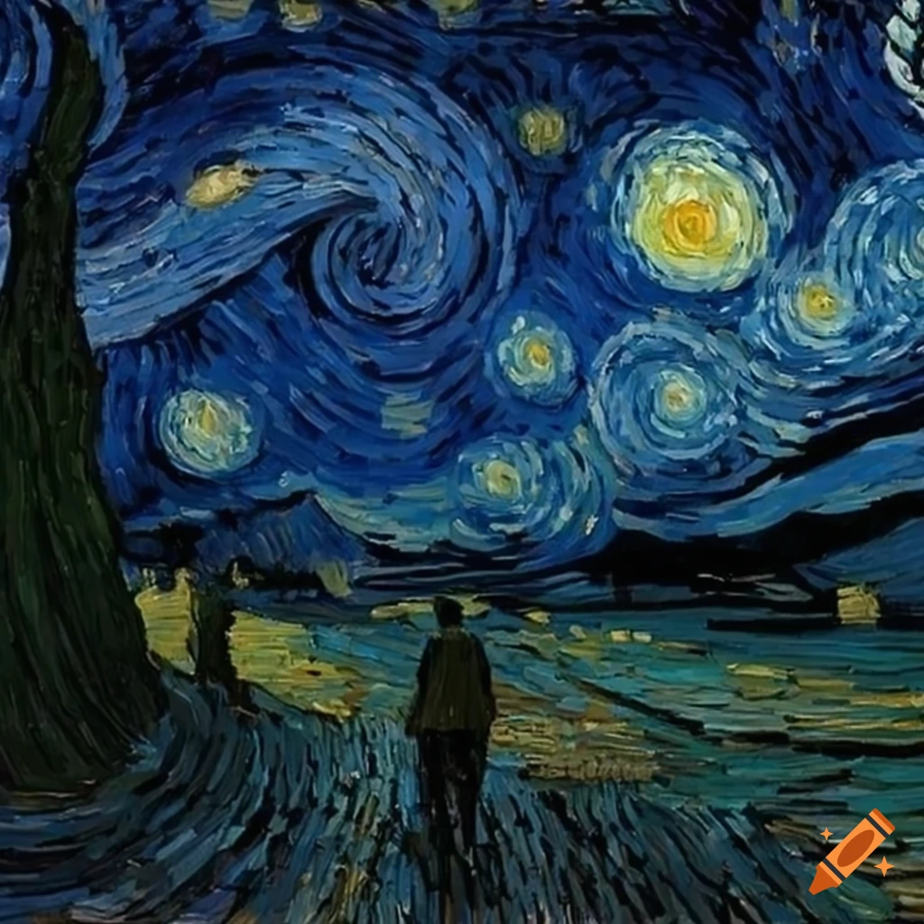 Men approaching with van gogh's starry night style on Craiyon