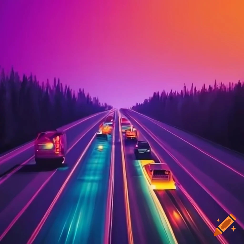 Interstate highway in future funk colors from a POV perspective on Craiyon