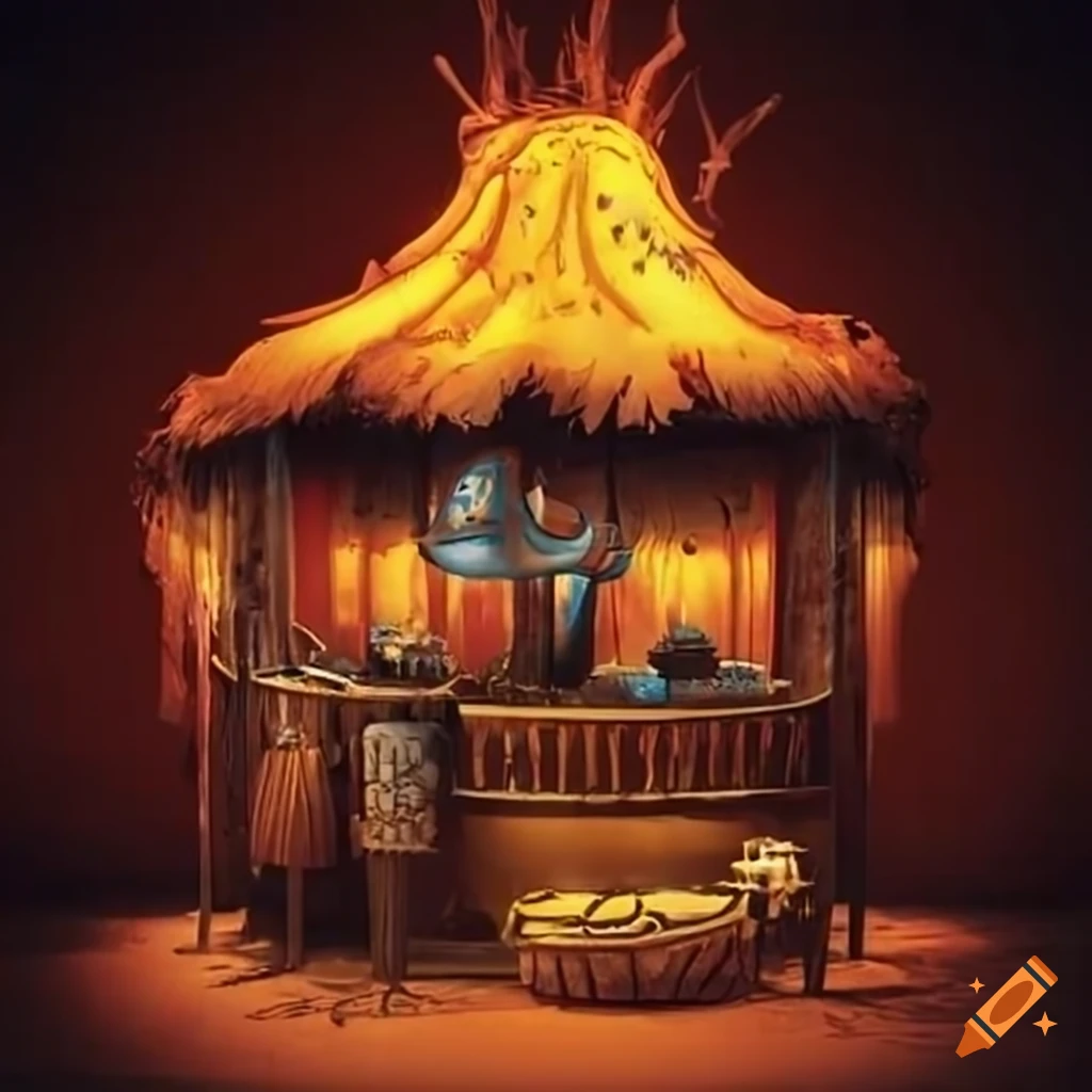 Tiki bar with volcano and angler fish on Craiyon