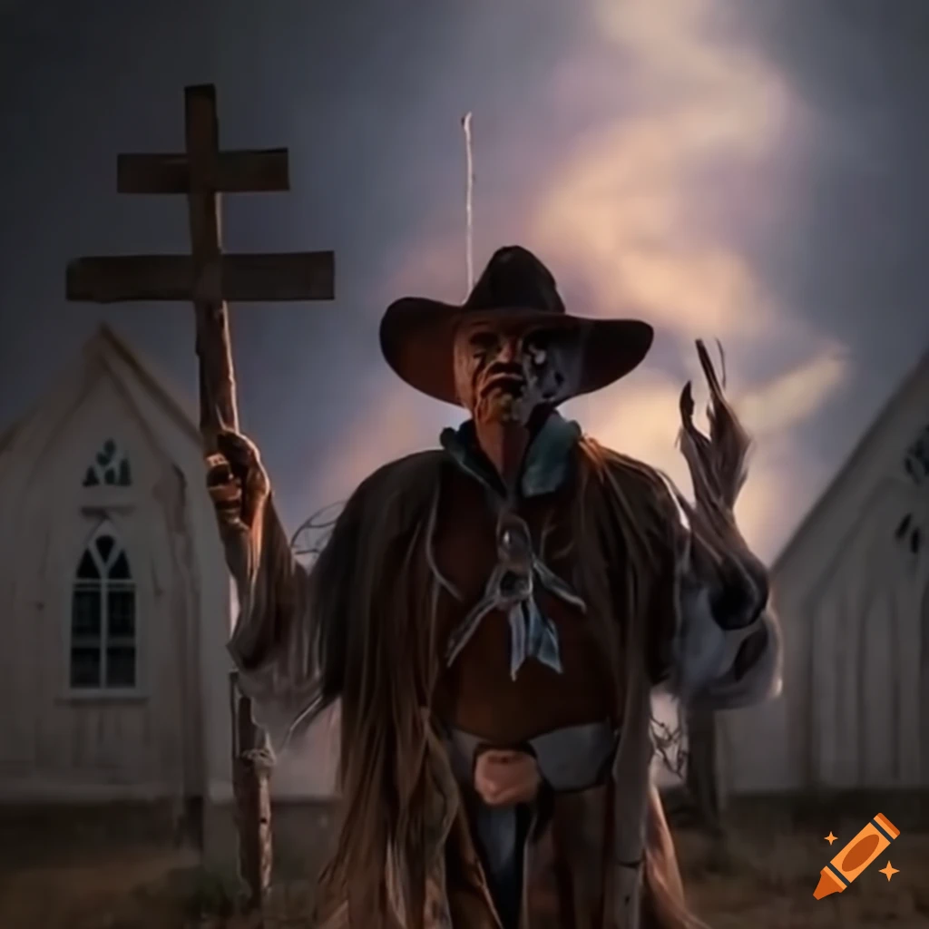 Spooky cowboy in front of an old western church on Craiyon