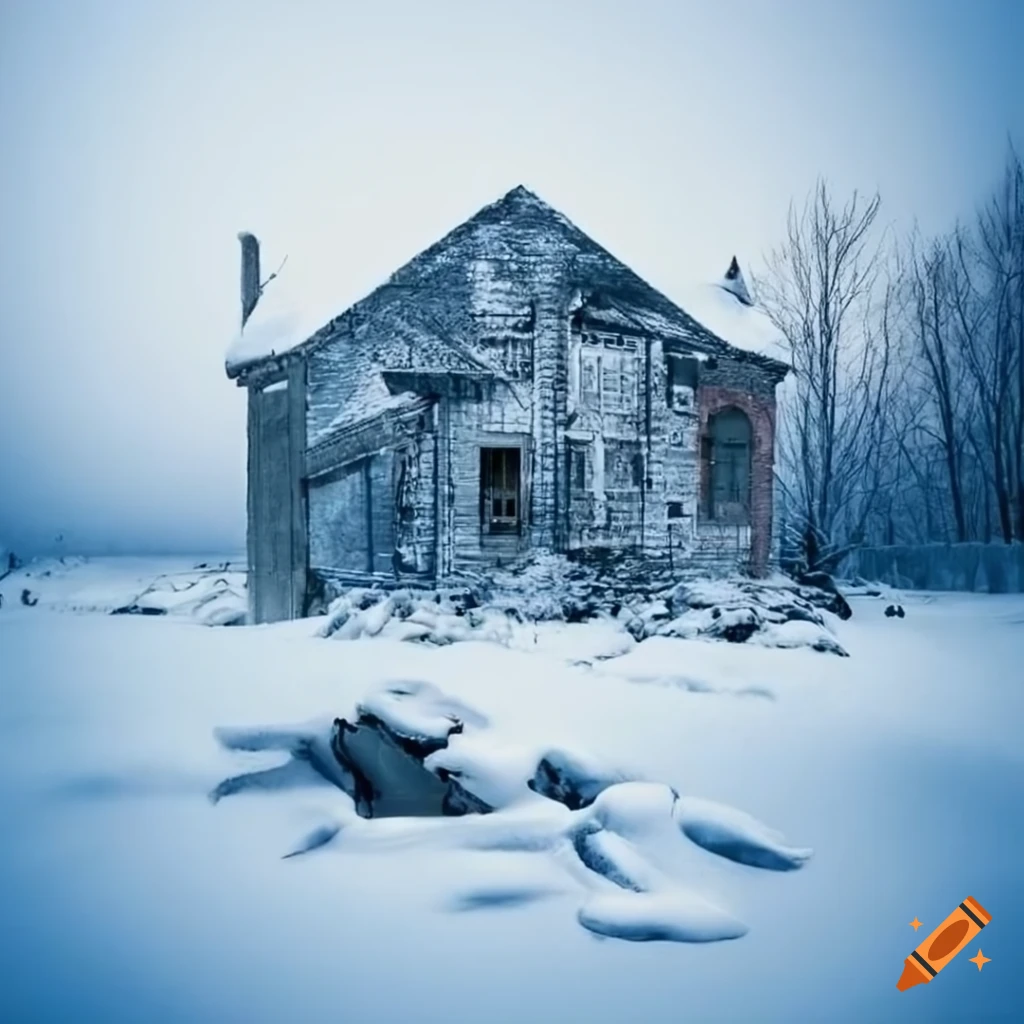 Hyperrealistic frozen wasteland with a large snowy building in the ...