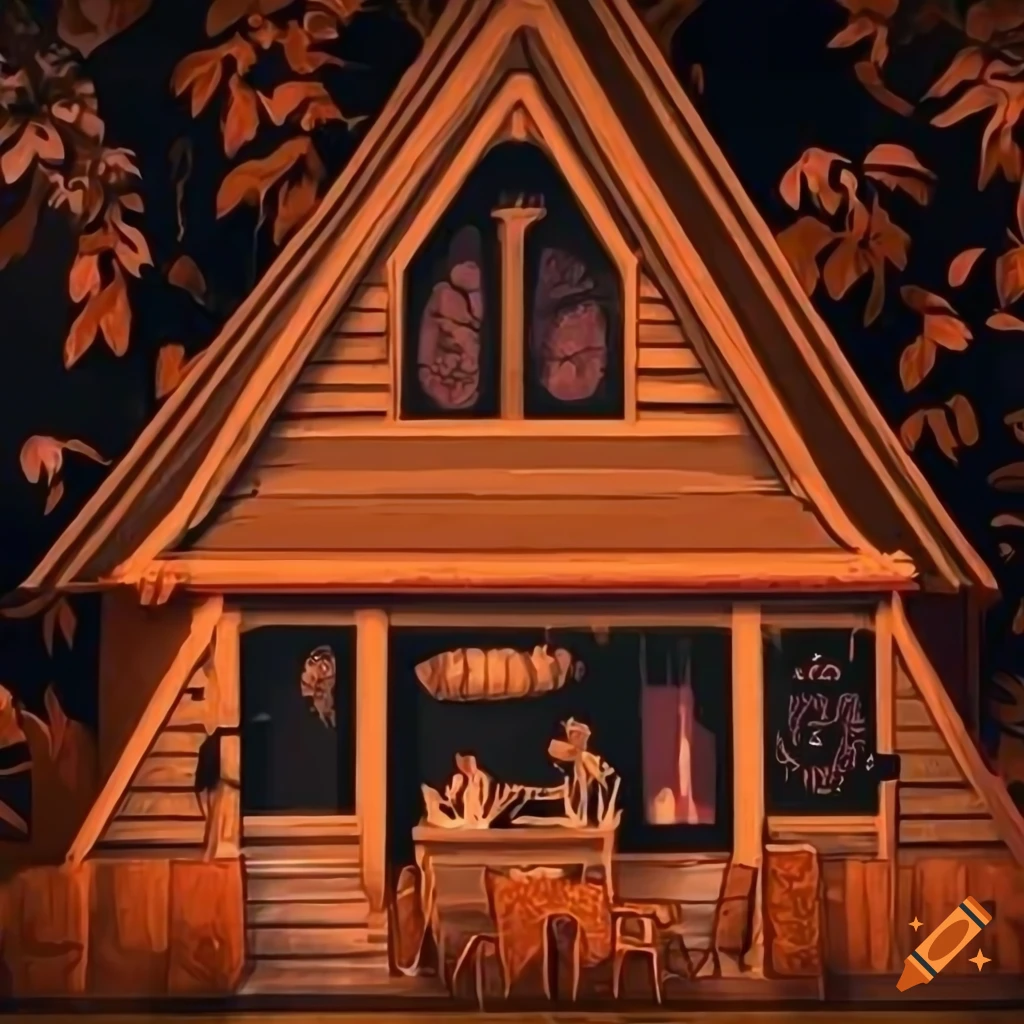 Orange A-frame cafe and bakery with trees and flowers in the background ...