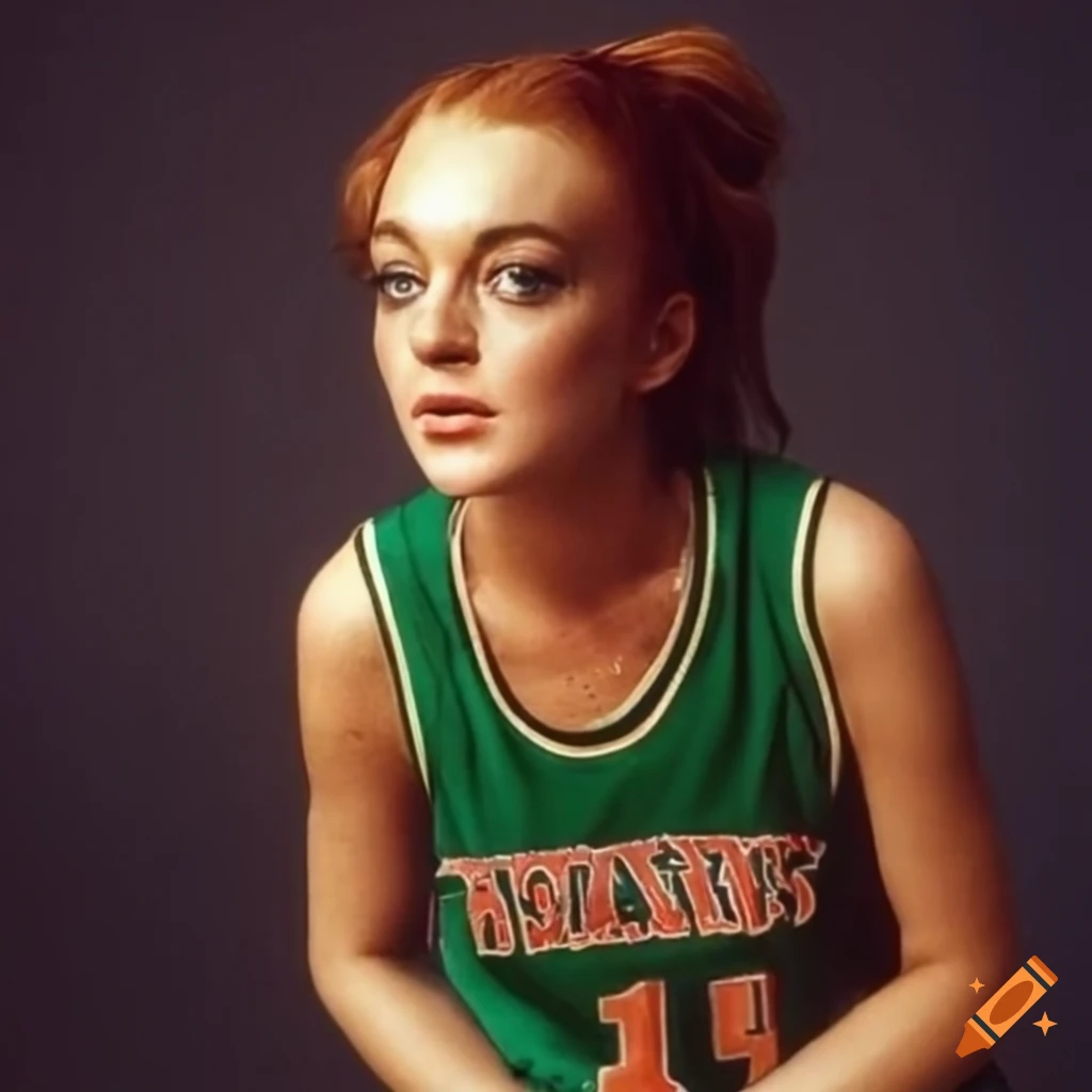 Young Lindsay Lohan in a green basketball jersey from 1994 on Craiyon