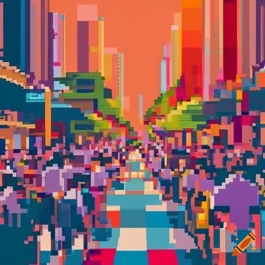 Pixel art nes inspired city street crowd view on Craiyon