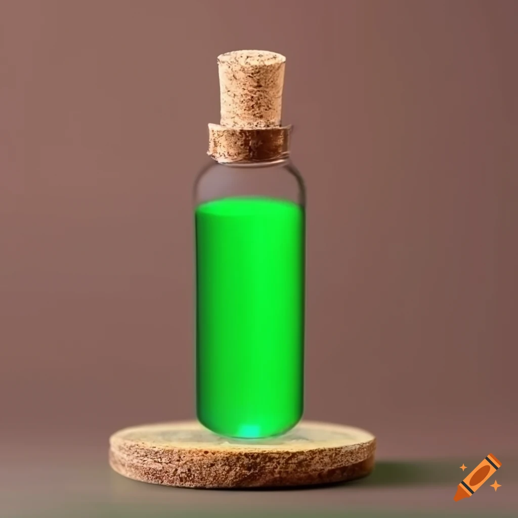 Glowing green liquid in a round vial with cork on wooden stand on Craiyon