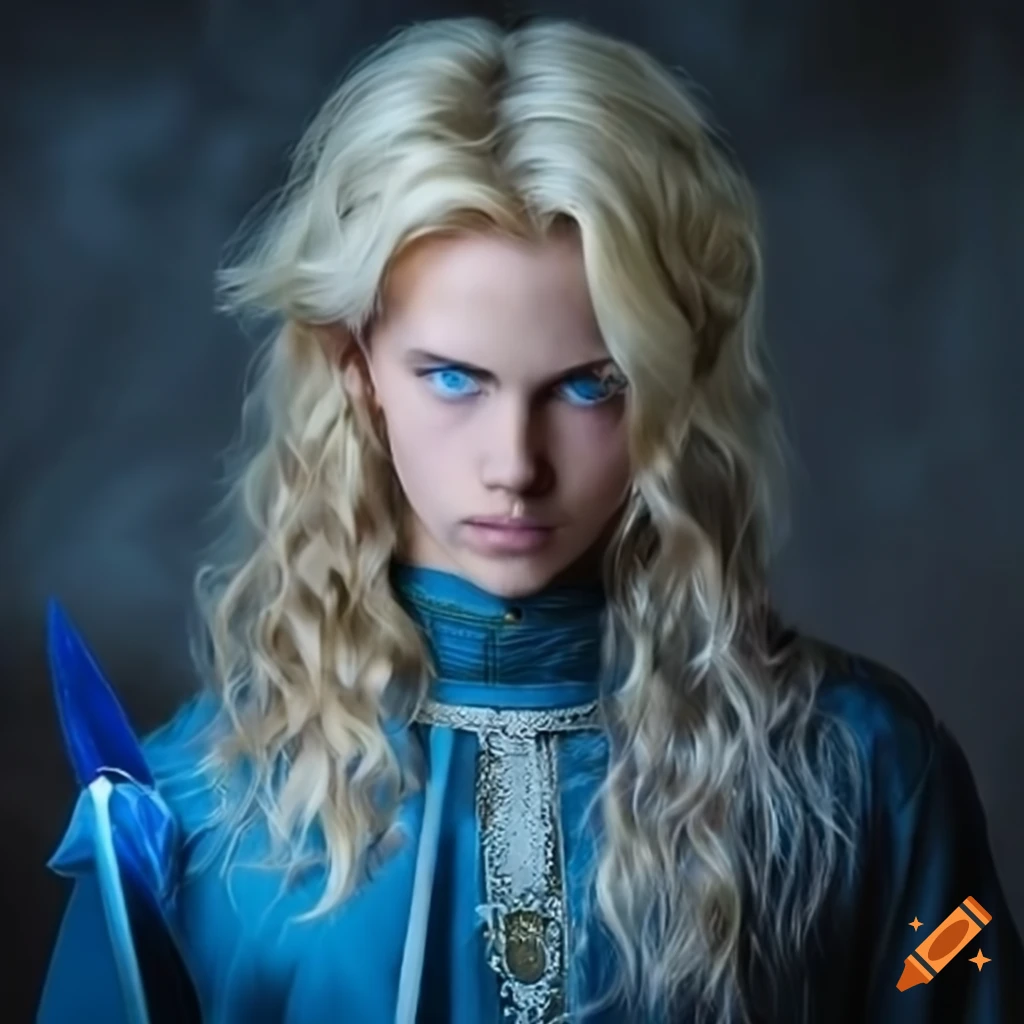 Archangel Michael with blonde hair and blue eyes holding a blue sword ...