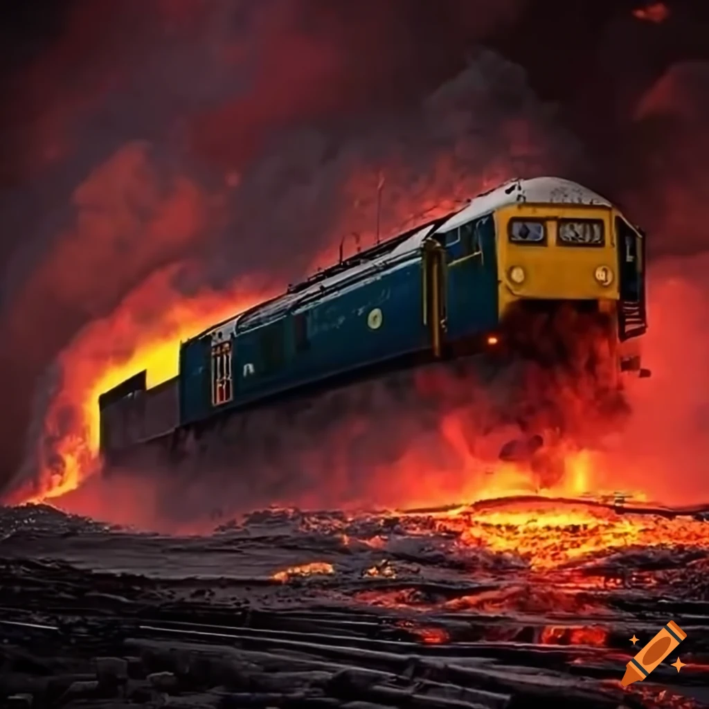 Classic british diesel train crossing molten lava with steam and ...