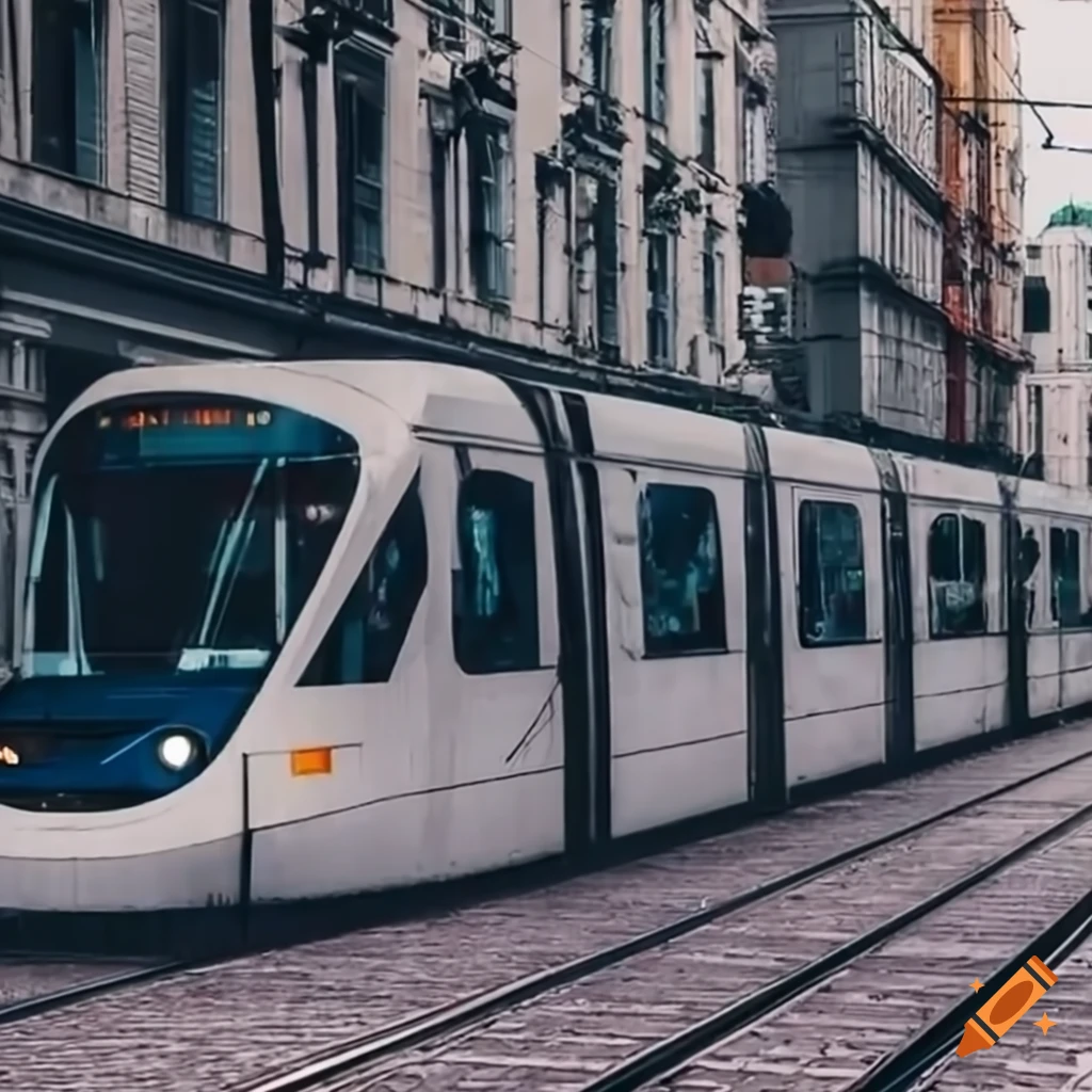 Modern tram in a clean cityscape without power lines on Craiyon