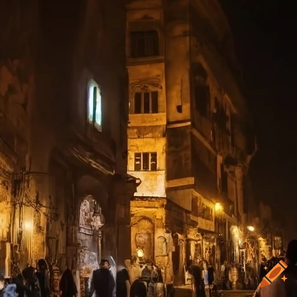 Old cairo streets at night with people on Craiyon