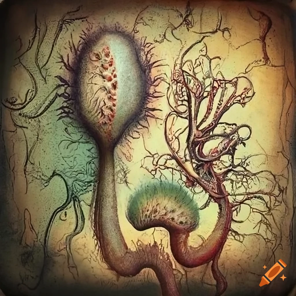 Surrealistic painting of alien wasteland with carnivorous plants and ...