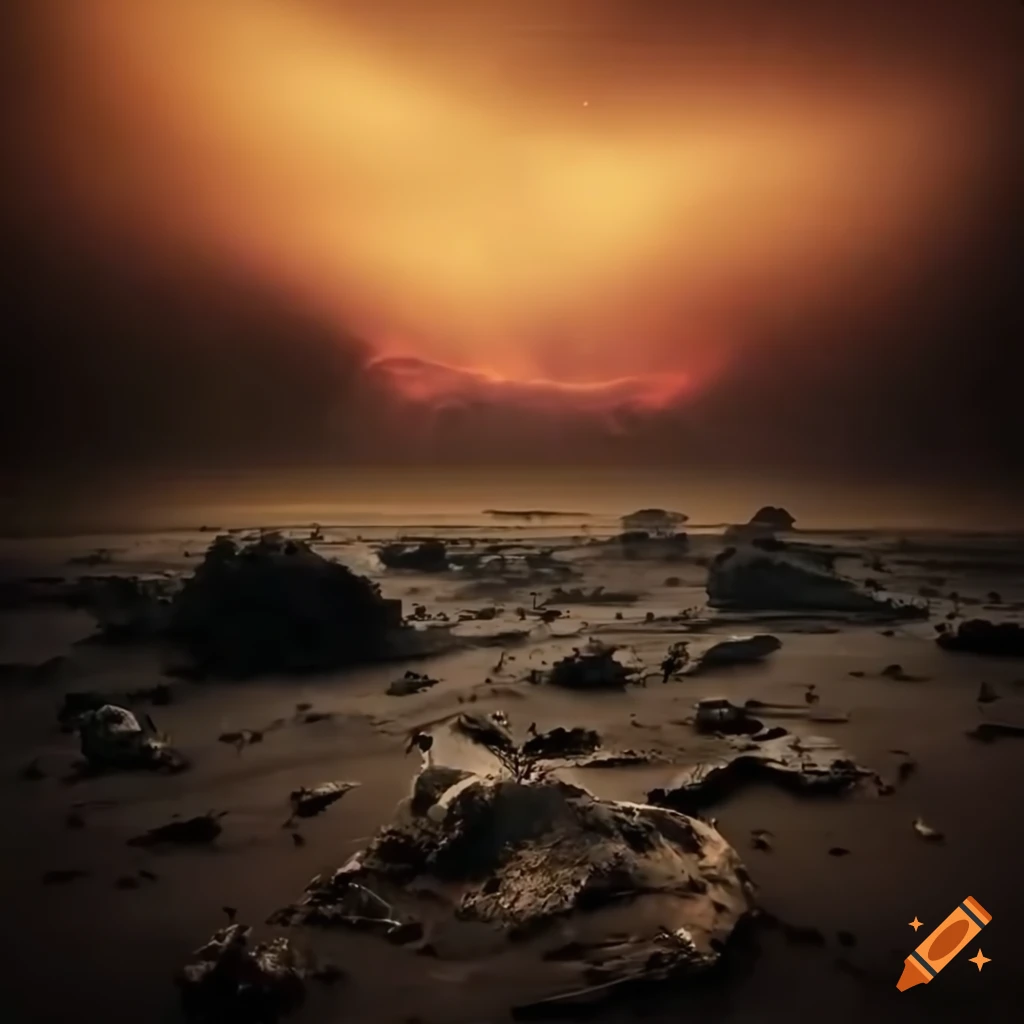 Apocalyptic landscape with remnants of nuclear explosions and dramatic ...